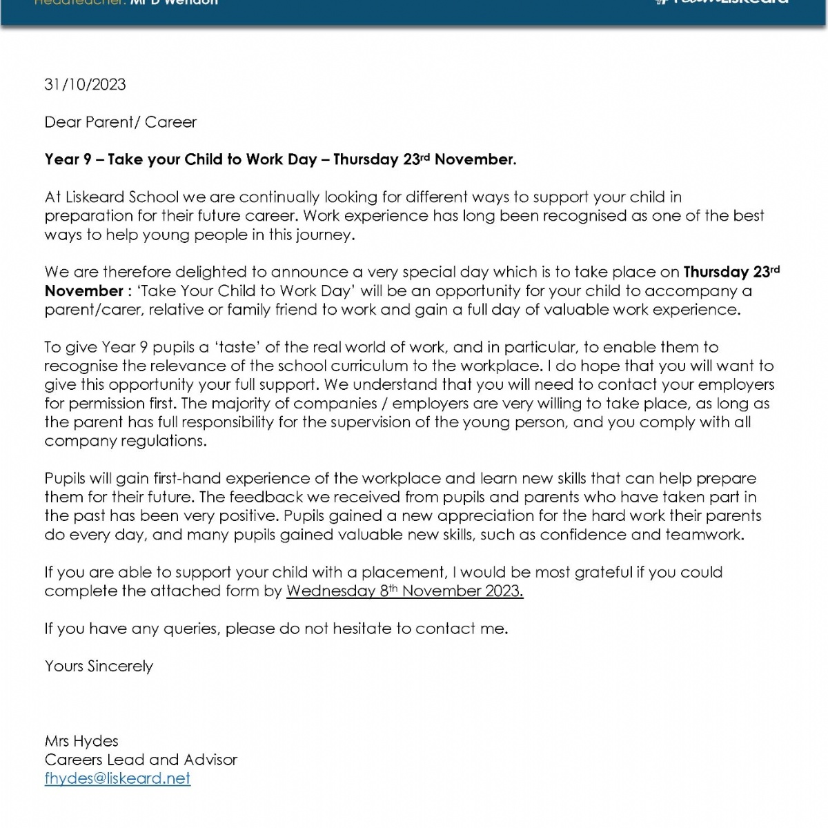 Liskeard School & Community College - Year 9 – Take your Child to Work ...