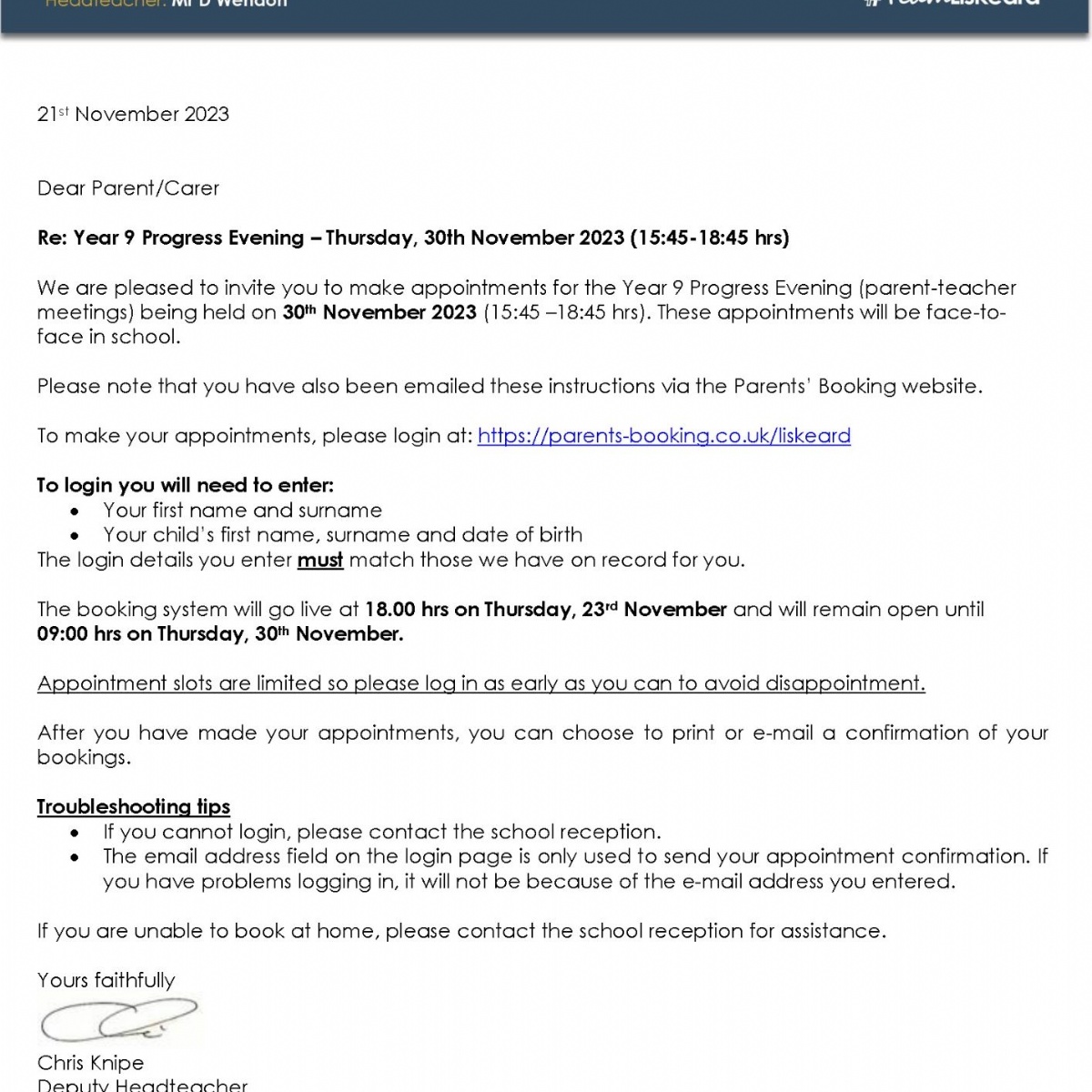 Liskeard School & Community College - Year 9 Progress Evening – Letter ...