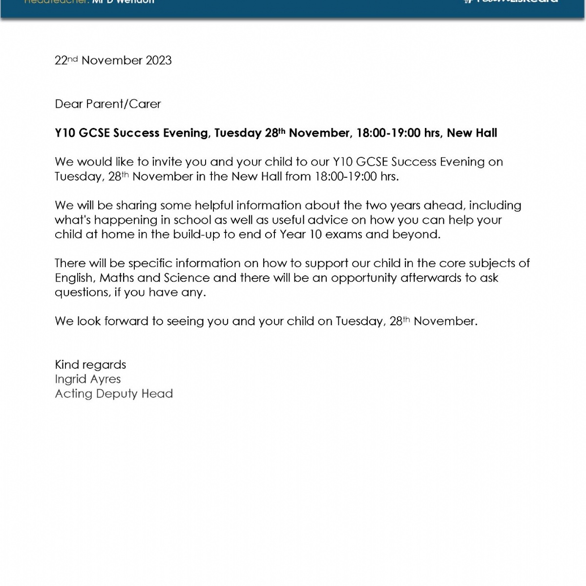 Liskeard School & Community College - Y10 GCSE Success Evening - Letter ...