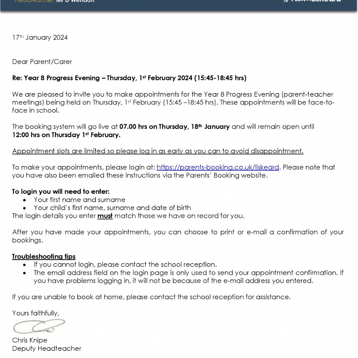 Liskeard School & Community College - Year 8 Progress Evening - Letter ...