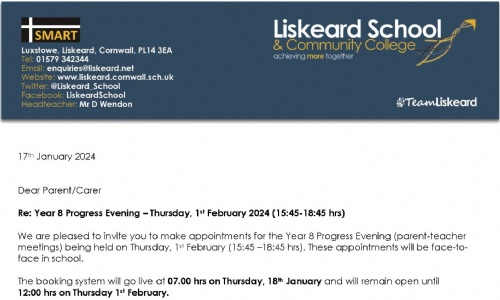 Liskeard School & Community College - Year 8 Progress Evening - Letter ...