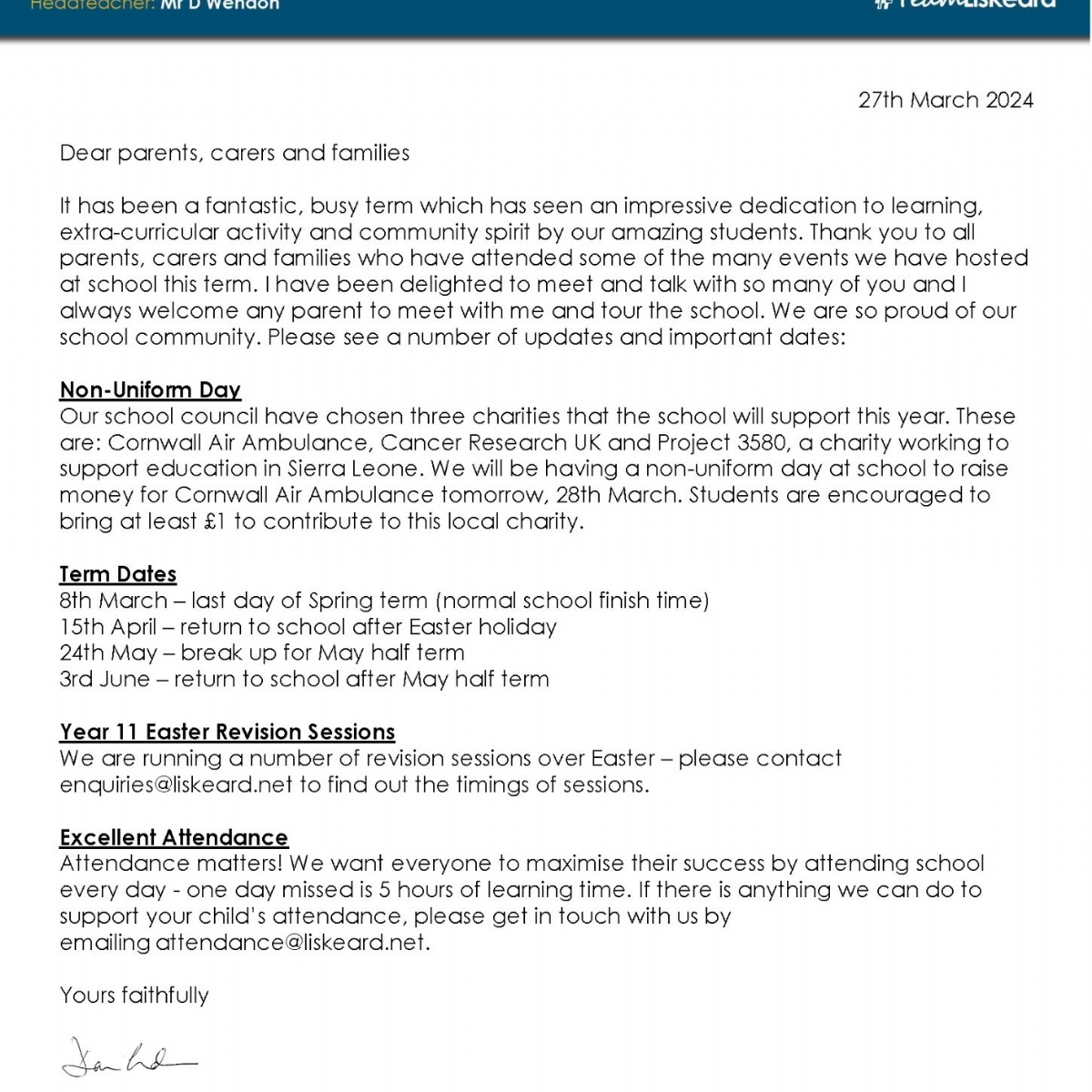 Liskeard School & Community College - Headteacher Letter to Parents ...