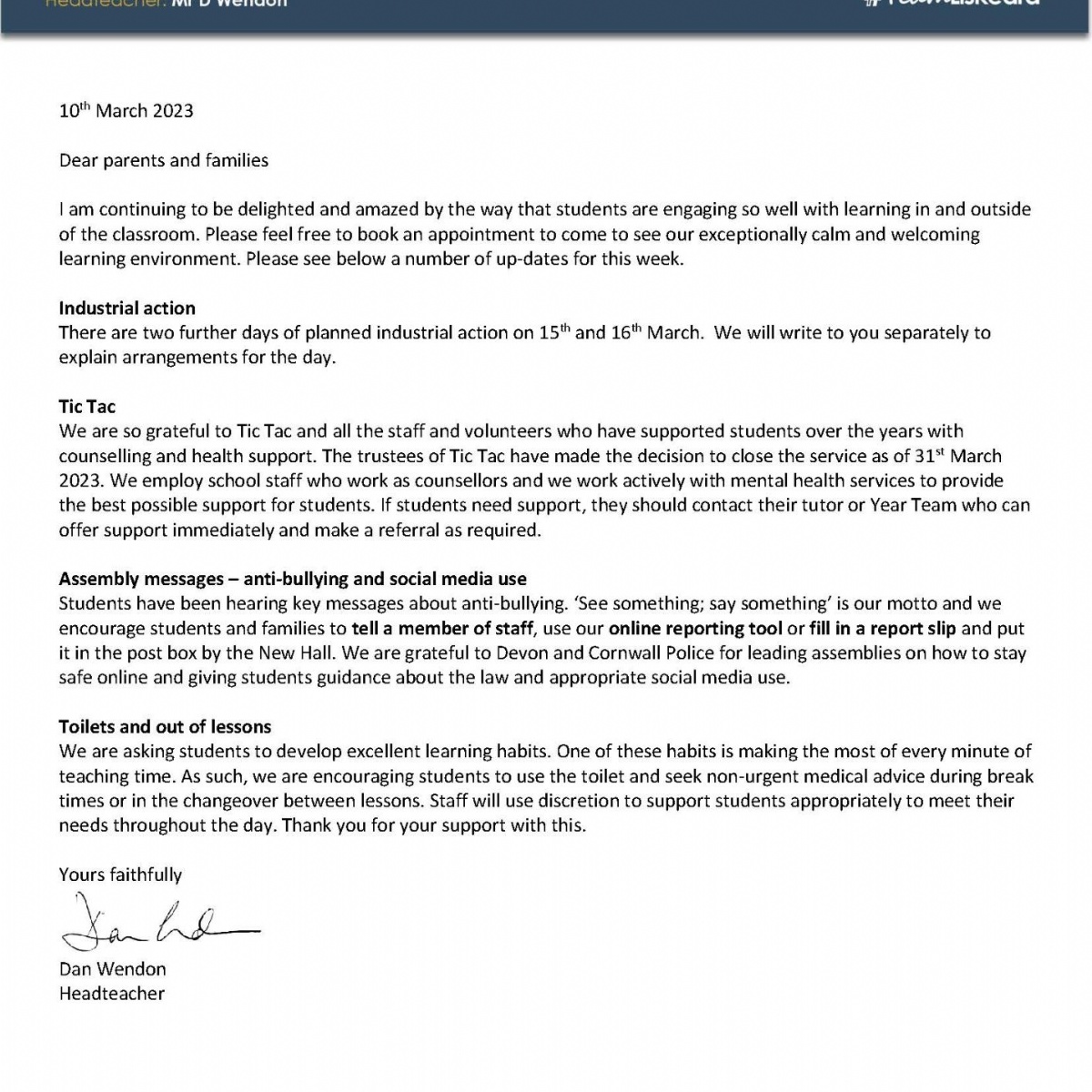 Liskeard School & Community College - Letter from Headteacher - 10 March 23