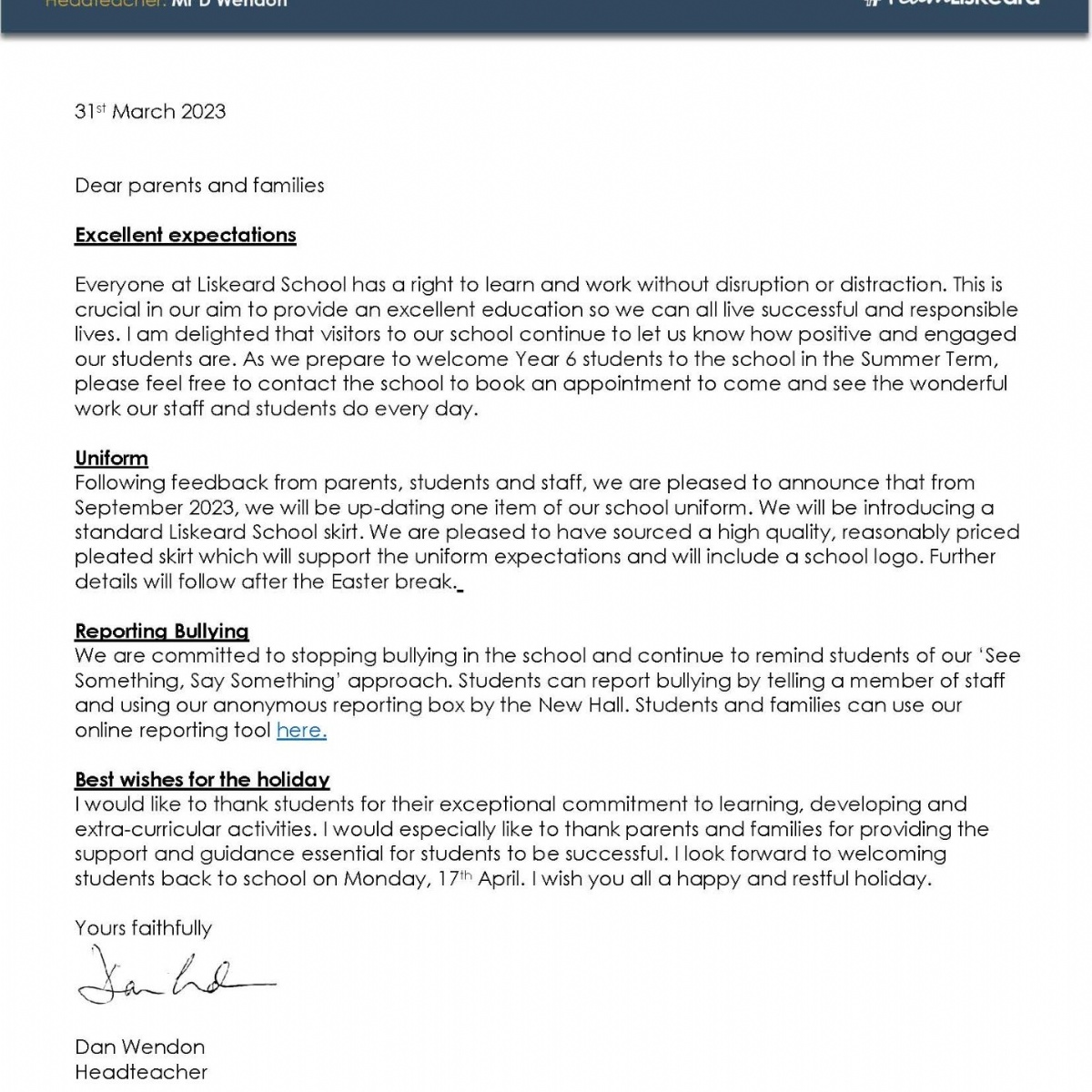 Liskeard School & Community College - Headteacher Letter to Parents ...